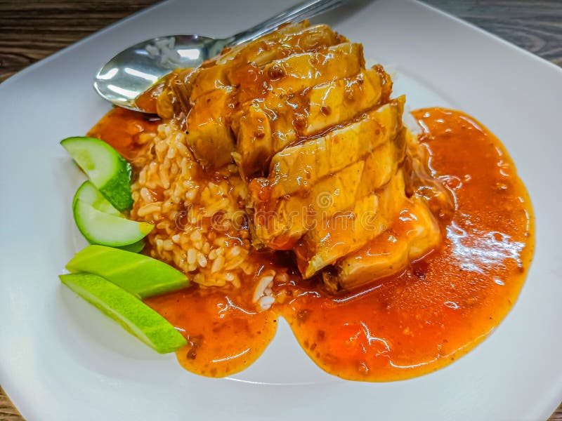 Crispy Pork with Rice and Sauce, Thai Style Stock Photo - Image of ...