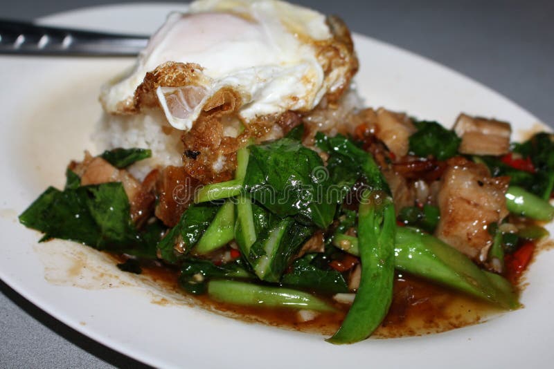 Crispy Pork Stir-fried Kale with Steamed Rice Stock Image - Image of ...