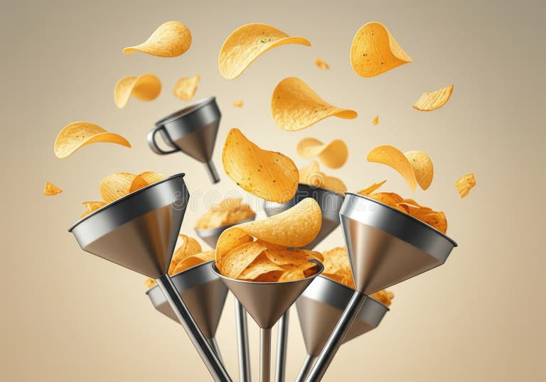 Crispy Potato Chips Cascading through Metal Funnels in a Dynamic ...