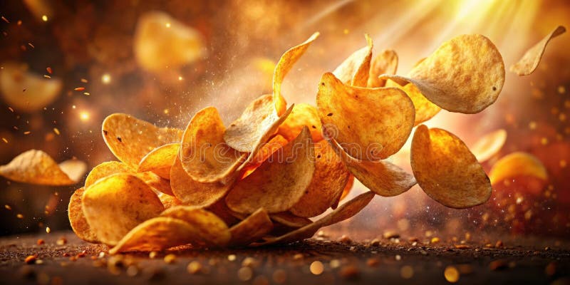 Crispy Potato Chips in Dynamic Motion, Suspended in Air with a Burst of ...