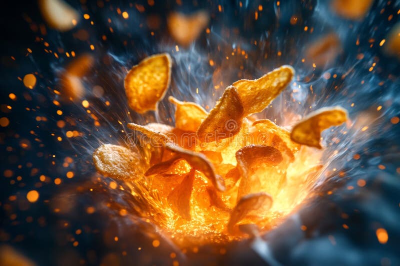 Crispy Potato Chips Exploding with Bright Orange Light, Smoke, and ...