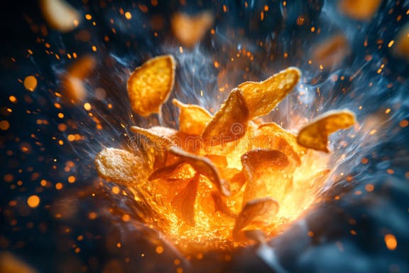 Crispy Potato Chips Exploding with Bright Orange Light, Smoke, and ...