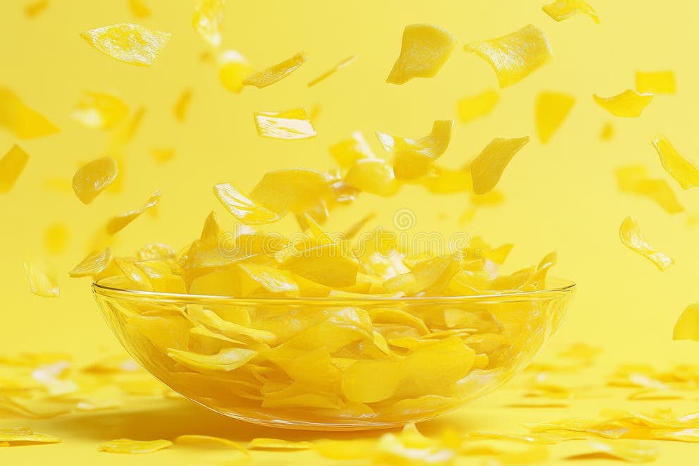 Crispy Potato Chips Fall into a Bowl that Has a Bright Yellow ...