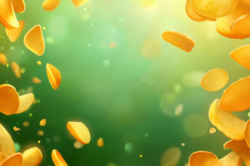 Crispy Potato Chips Falling Against Vibrant Green Background, Creating ...