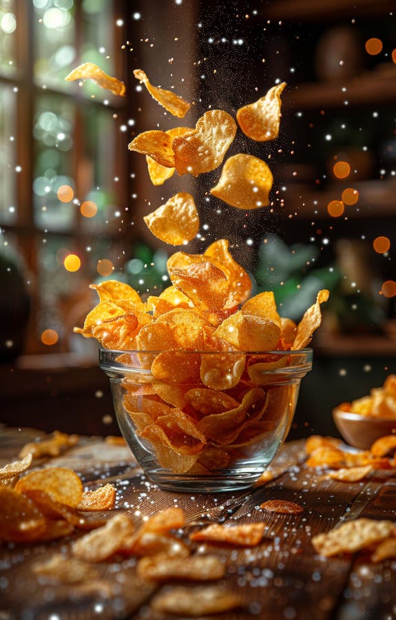 Crispy Potato Chips Falling into Bowl Stock Image - Image of snack ...
