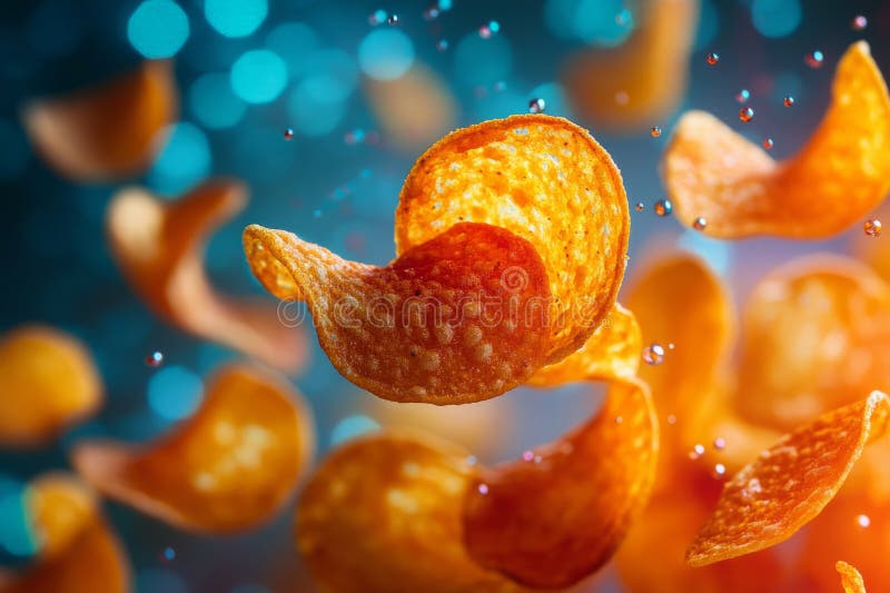 Crispy Potato Chips Falling and Rotating Against a Blurred Blue ...