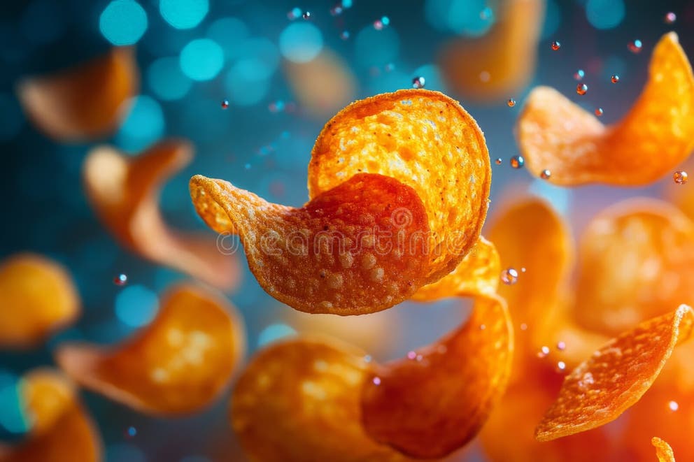 Crispy Potato Chips Falling and Rotating Against a Blurred Blue ...