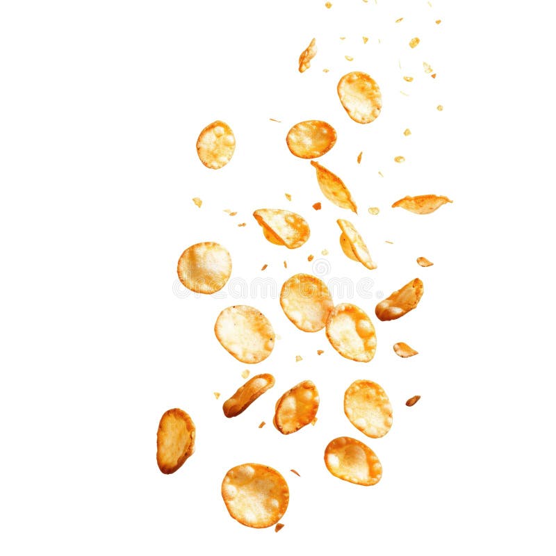 Crispy Potato Chips Falling on White Background Stock Illustration ...