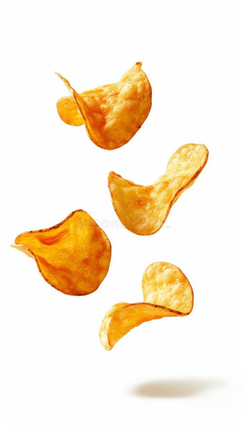 Floating Golden Potato Chips White Background Crispy Snack Concept ...