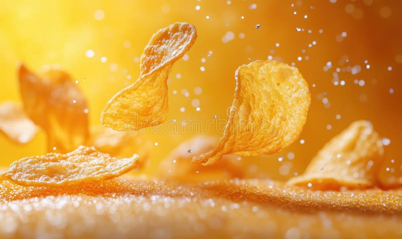 Crispy Potato Chips Floating in Golden Background with Sparkling ...