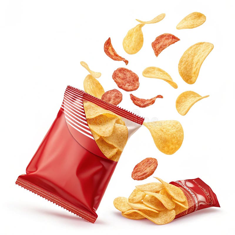 Crispy Potato Chips Flying into the Pack, Realistic Vector Snack Food ...