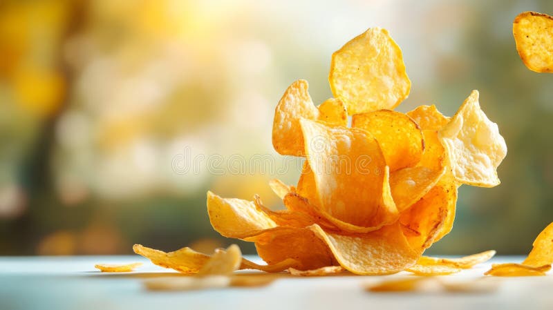 Crispy Potato Chips Piled on White Surface with Blurred Background of ...