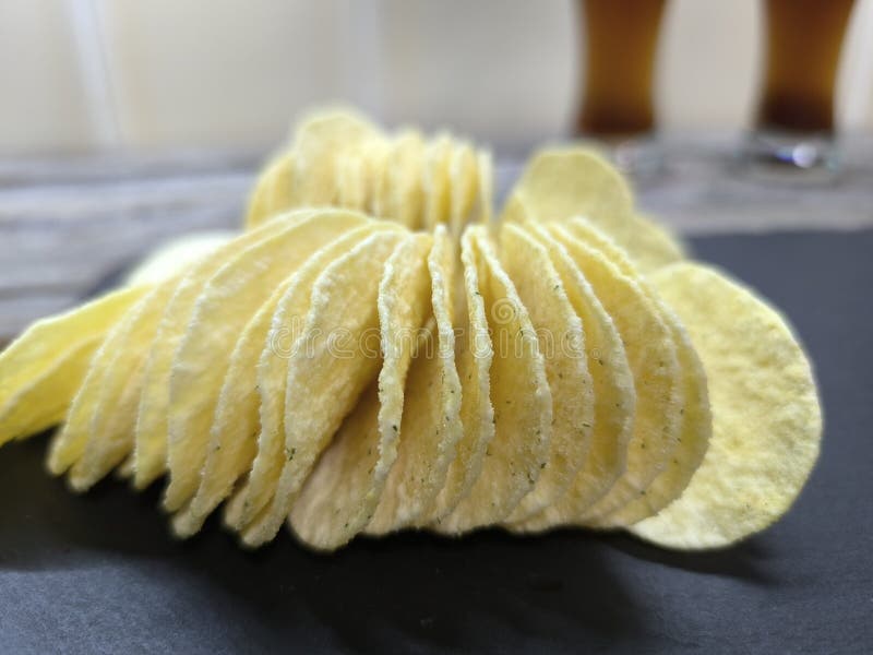 Crispy Potato Chips on a Sliced Board Stock Image - Image of illness ...