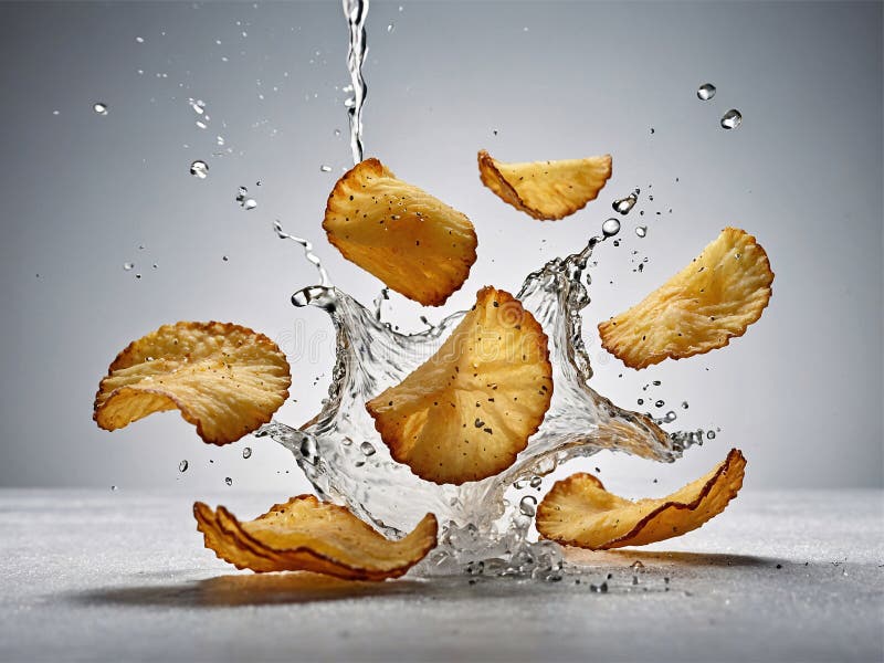 Crispy Potato Chips Suspended in Mid-air, Surrounded by Splashing Water ...