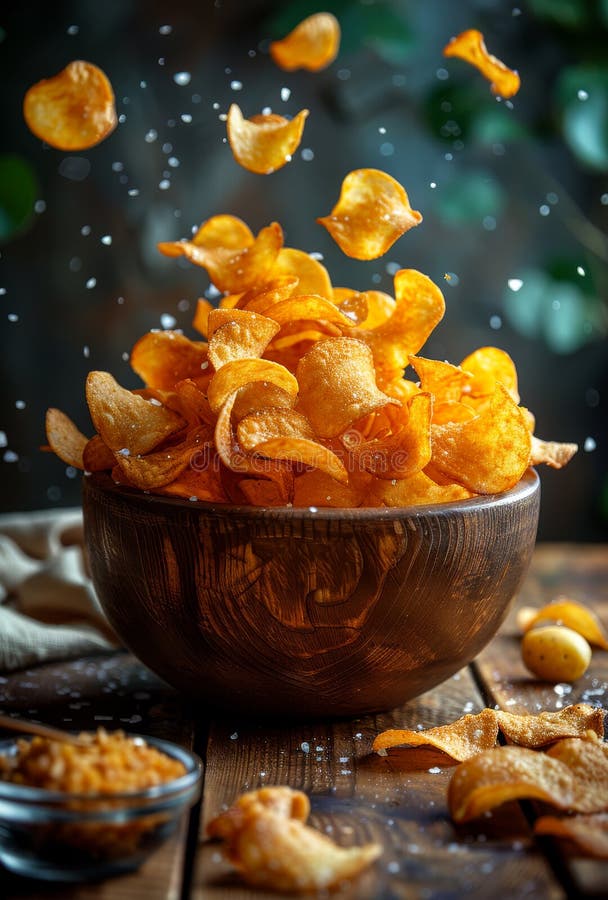 Crispy Potato Chips in Wooden Bowl. a Bowl of Crispy Potato Chips with ...
