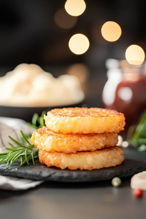Crispy Potato Patties Stacked on a Slate Plate with Fresh Herbs and a ...