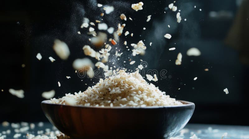 Crispy Rice Grains Flying Above Wooden Bowl Stock Illustration ...