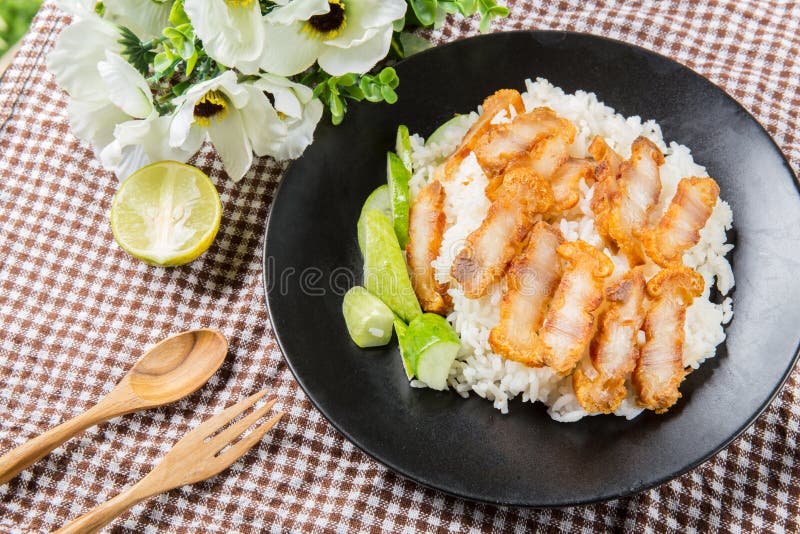 Crispy Roasted Belly Pork Chinese Style and Rice Stock Image - Image of ...