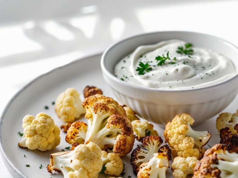 Crispy Roasted Cauliflower Bites Served with Creamy Dip Appetizer Stock ...