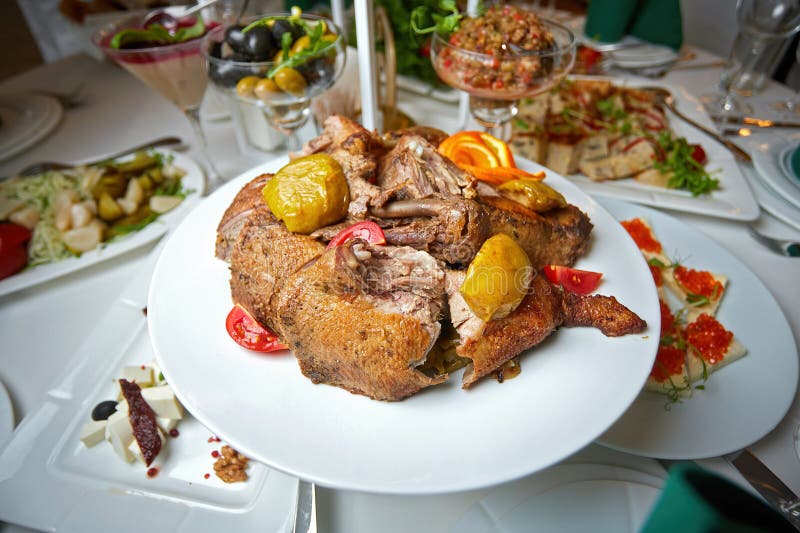 Crispy Roasted Duck with Apples, Banquet Table, Shallow Depth of Field ...