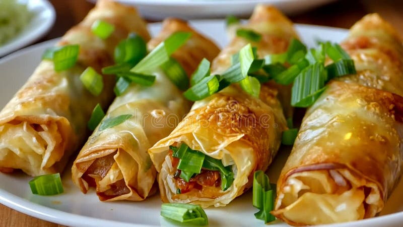 Crispy Rolls Filled with Vegetables and Herbs, Presented on a White ...