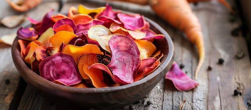 Crispy Root Vegetable Chips in a Wooden Bowl on a Wooden Table. Copy ...