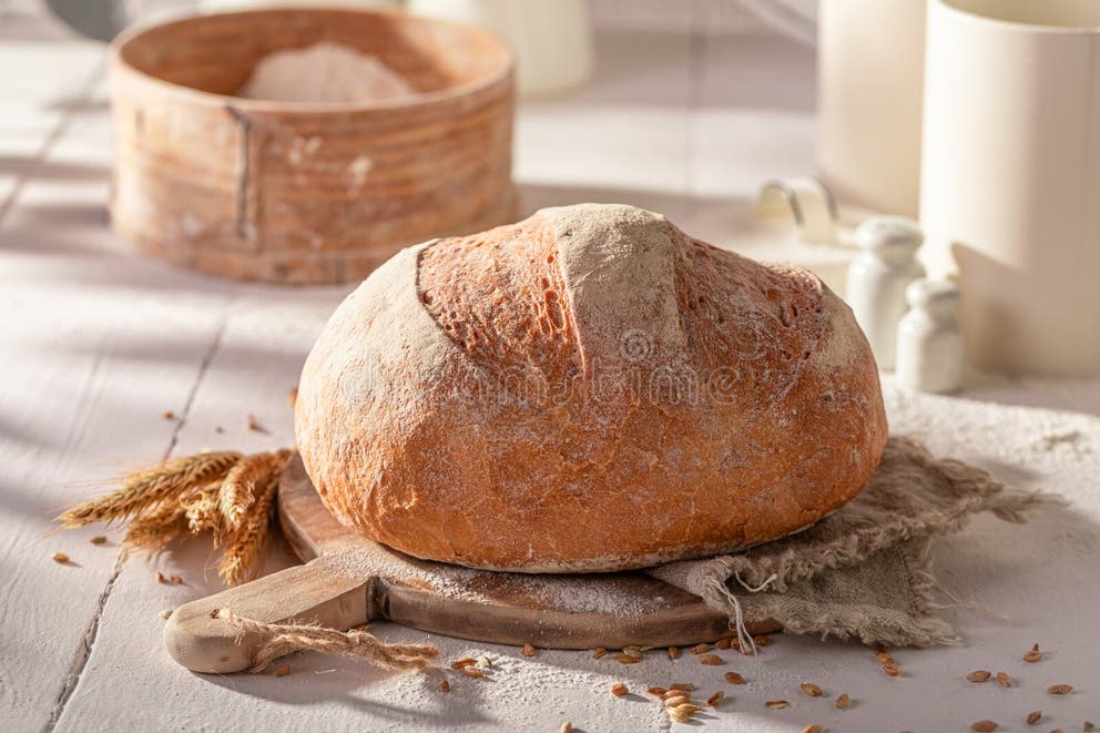 Crispy and Rustic Round Loaf Bread Baked in Rustic Kitchen Stock Image ...