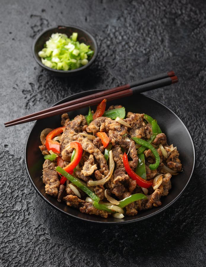 Crispy Salt and Pepper Beef in Black Bowl Stock Image - Image of salt ...