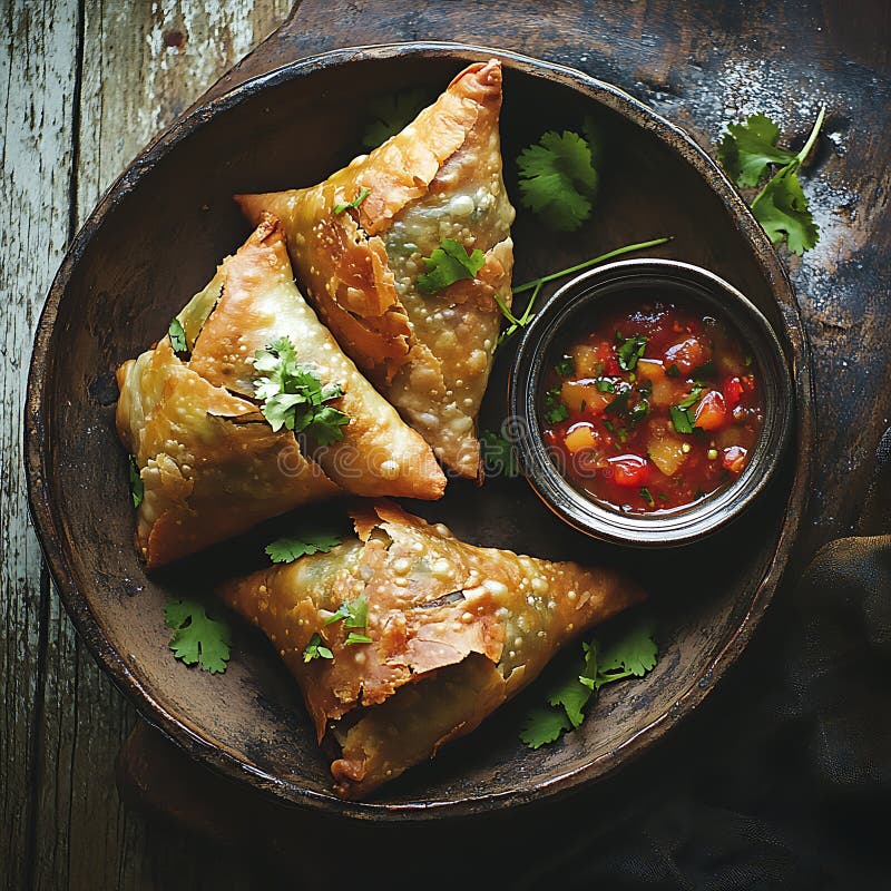 Crispy Samosas Served with Spicy Mango Chutney Stock Illustration ...