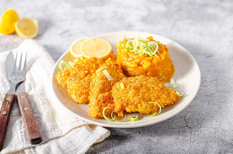Crispy Schnitzel with Cornflakes Stock Image - Image of isolated, fried ...