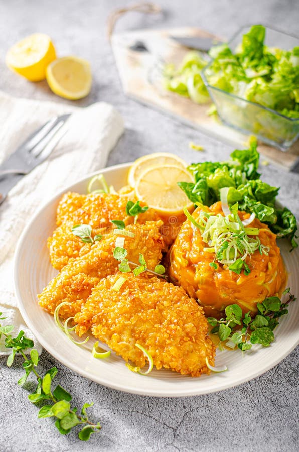 Crispy Schnitzel with Cornflakes Stock Photo - Image of breaded, german ...