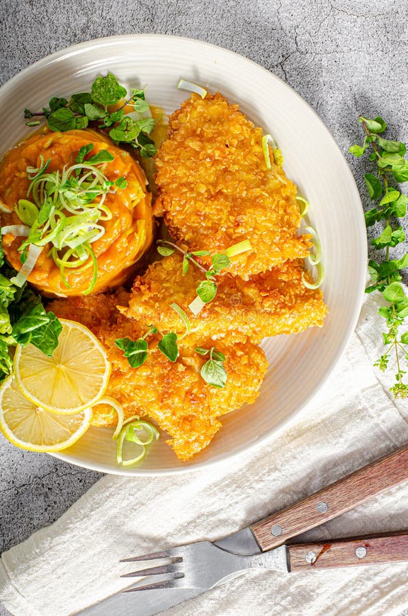Crispy Schnitzel with Cornflakes Stock Photo - Image of gold, food ...