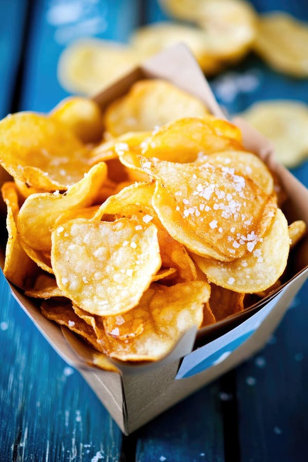 Crispy Sea Salt Potato Chips in a Brown Paper Container on Wooden Table ...