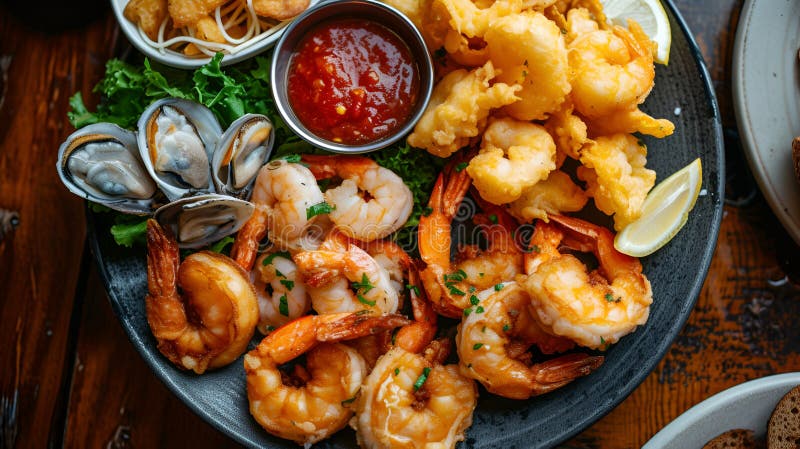 Crispy Seafood Assortment with Fresh Lemon and Greens Stock ...