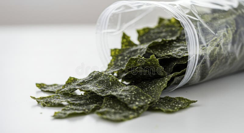 Crispy Seaweed Snacks Spill from Plastic Container on White Surface ...
