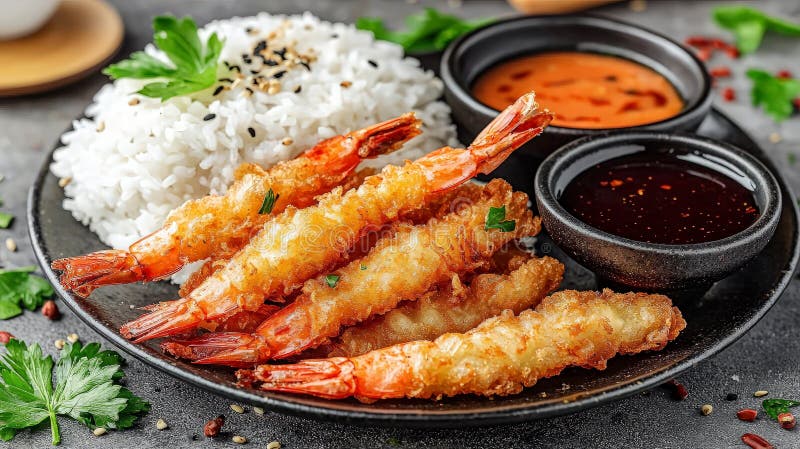 Crispy Shrimp with Rice & Sauce on Plate Stock Photo - Image of ...