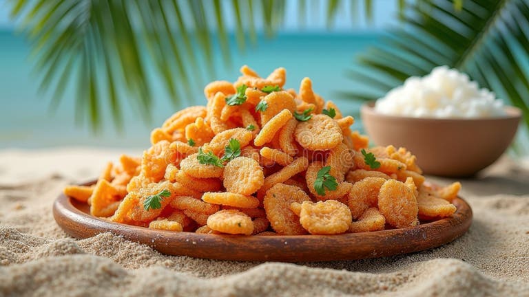 Crispy Shrimp on Sandy Beach with Ocean View and Fresh Rice Bowl Stock ...