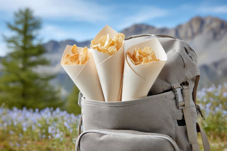 Crispy Snacks in Backpack Pocket on Mountain Hike with Scenic ...