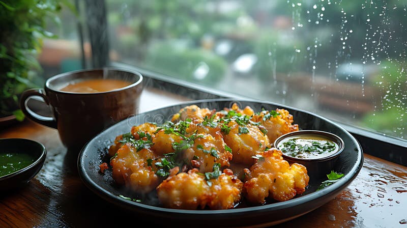 Crispy Snacks, Tea, Rainy Window Cafe Stock Illustration - Illustration ...