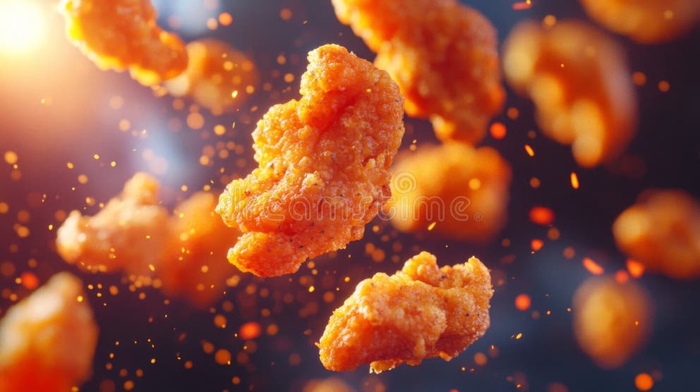 Crispy Spicy Chicken Nuggets Falling on Dark Background Stock ...