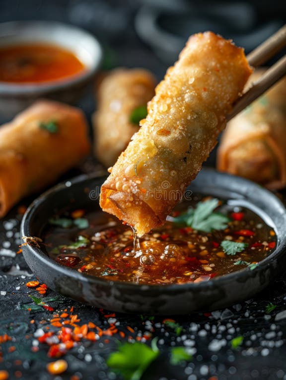 Crispy Spring Roll Dipped in Sauce with Herbs and Spices. Stock Photo ...