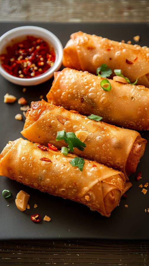 Crispy Spring Roll with Savory Sauce, Perfect Appetizer or Snack Stock ...