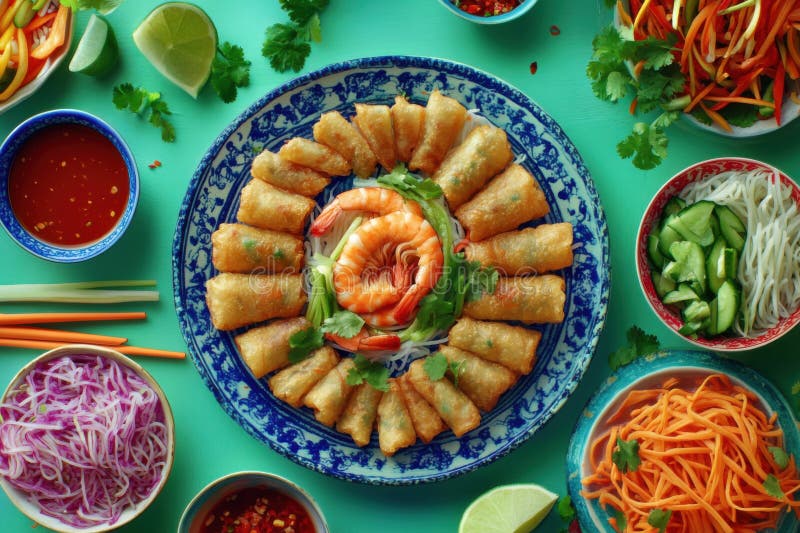 Crispy Spring Rolls Arranged Elegantly on a Vibrant Table with Fresh ...