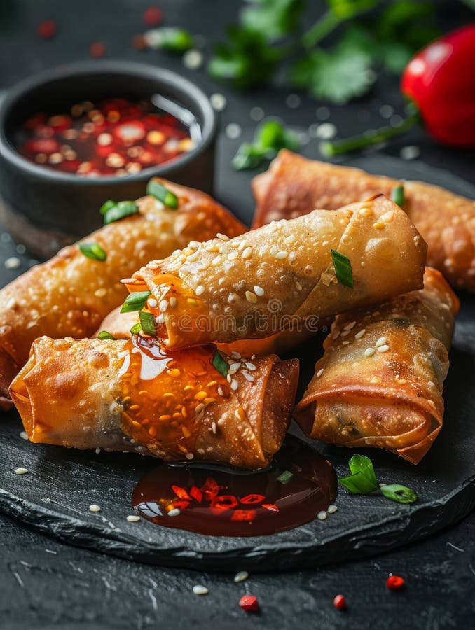 Crispy Spring Rolls with Dipping Sauce on Dark Slate Plate Stock Photo ...