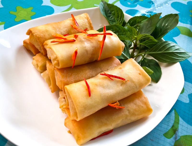 Crispy Spring Rolls on Dish with Vegetable Stock Photo - Image of fried ...