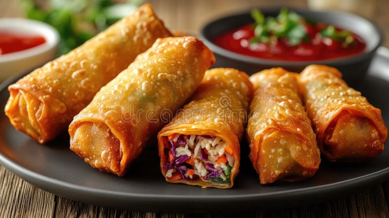 Crispy Spring Rolls Filled with Vegetables and Chicken Lying on a Slate ...