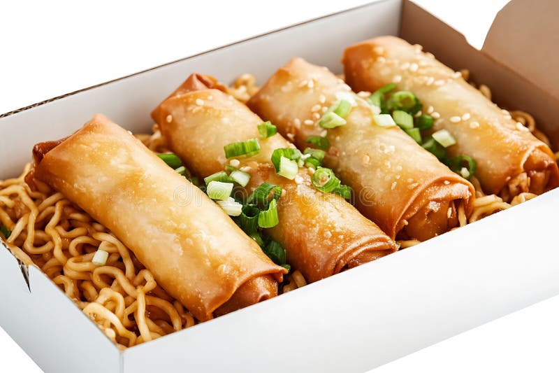 Crispy Spring Rolls with Noodles in a White Takeout Box Stock ...