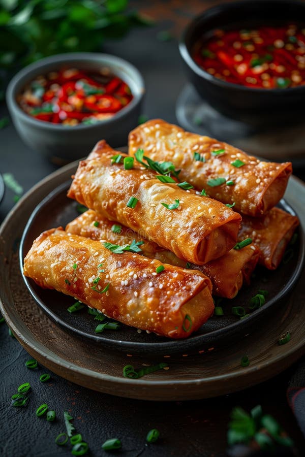 Crispy Spring Rolls Served on a Black Plate with Dipping Sauces in a ...