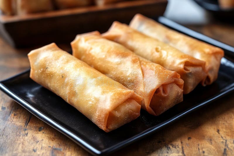 Crispy Spring Rolls Served on a Black Plate Ready To Be Enjoyed in a ...