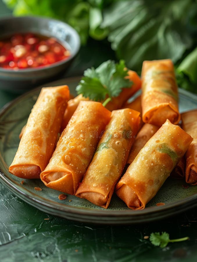 Crispy Spring Rolls Served with Dipping Sauce on a Plate Stock Photo ...